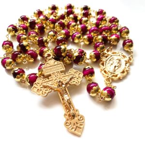 elegantmedical handmade red tiger eye prayer beads catholic rosary necklace gift box italy crucifix gold (red)