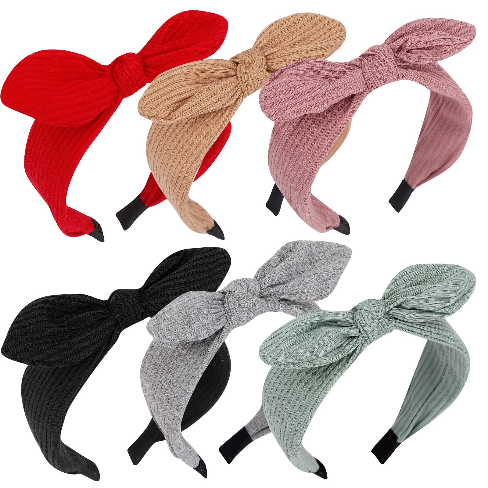 Wecoe 6 Pack Bow Headbands For Women - Cute Knotted Wide Solid Color Plain Hair Accessories, Girls Gifts (Set 2)