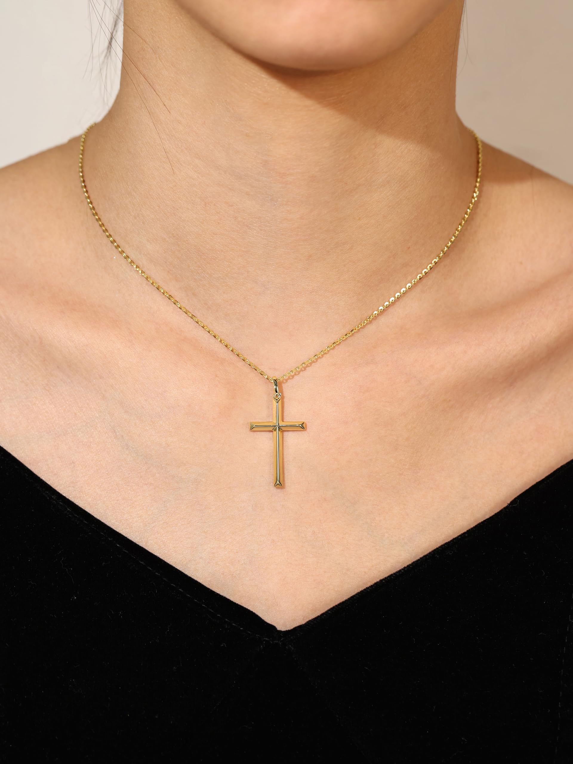 FANCIME Yellow Gold Plated 925 Sterling Silver Beveled Cross Pendant Necklace Dainty Fine Delicate Jewelry Easter Gifts for Women 18 INCHES