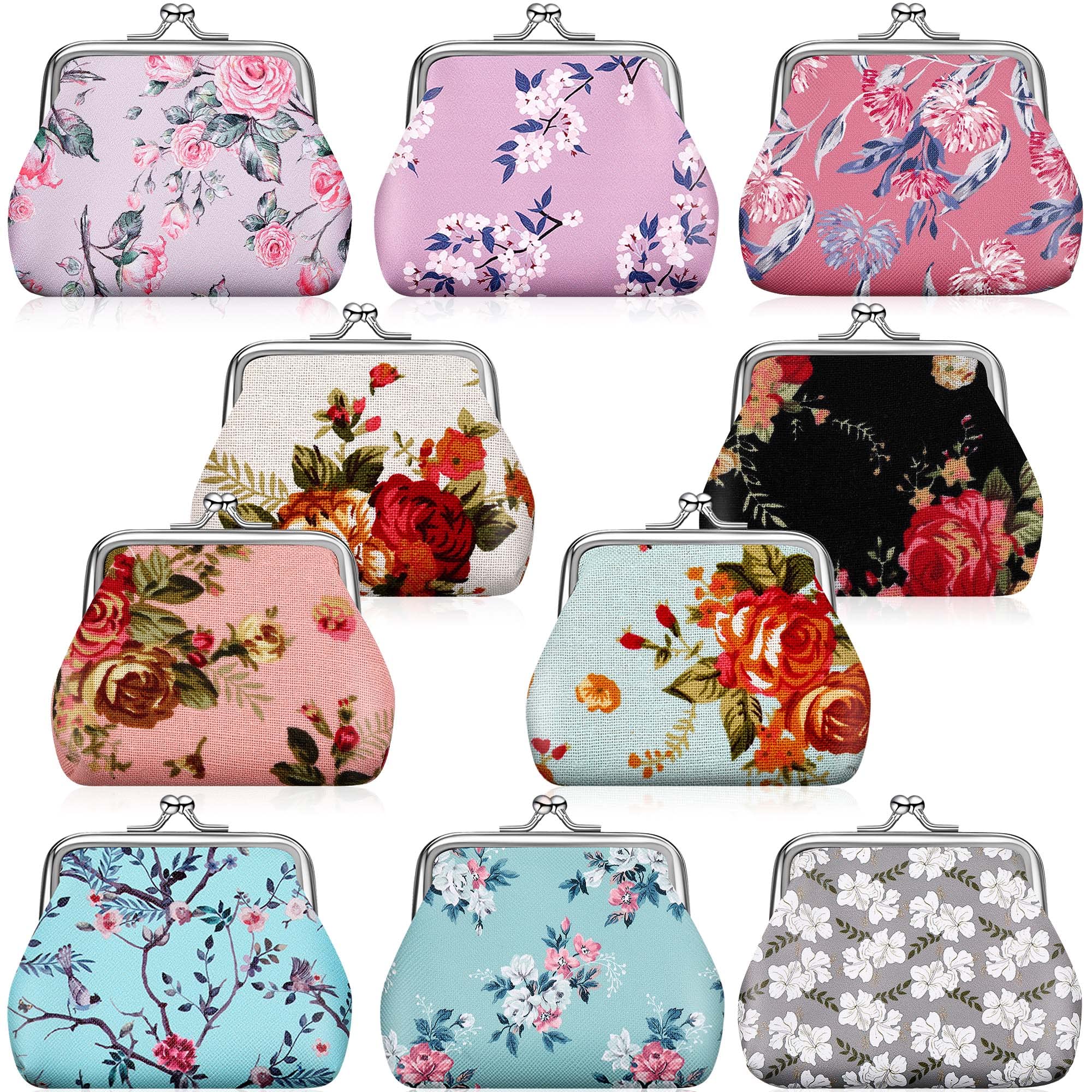 10 Packs Women Coin Purse Small Coin Purses Pouches Cute Change Wallets for Women Kiss Lock Change Purse Change Pouch (Floral)