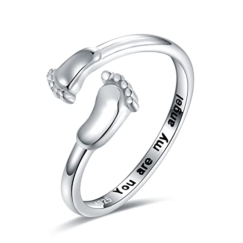 WOUOVO Adjustable Mom and Baby Feet Ring 925 Sterling Silver Engraved You Are My Angle,Miscarriage Mother's Love, Christmas Adjustable Open Ring Gifts for Women Daughter