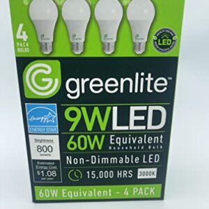 Greenlite 4 Pack 9W LED 60W Equivalent, Non-Dimmable Light Bulb