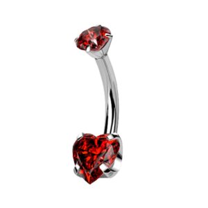 pierced owl 14ga g23 implant grade titanium prong set cz crystal heart internally threaded belly button ring (silver tone/red)