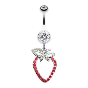 pierced owl 14ga cz crystal dangling red strawberry outline belly button ring