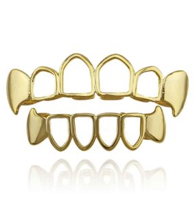 psivika gold teeth grillz open face outline 6 teeth vampire fangs grillz for men and women (gold)