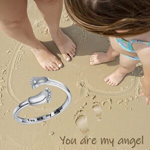 WOUOVO Adjustable Mom and Baby Feet Ring 925 Sterling Silver Engraved You Are My Angle,Miscarriage Mother's Love, Christmas Adjustable Open Ring Gifts for Women Daughter