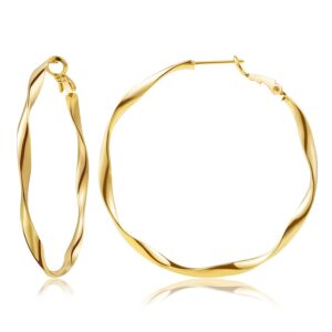 24k gold hoop earrings for women trendy real gold plated large twisted thin huggie hoops 50mm, dainty cute big gold filled dangle hoop nickel free womens earrings for sensitive ears hypoallergenic