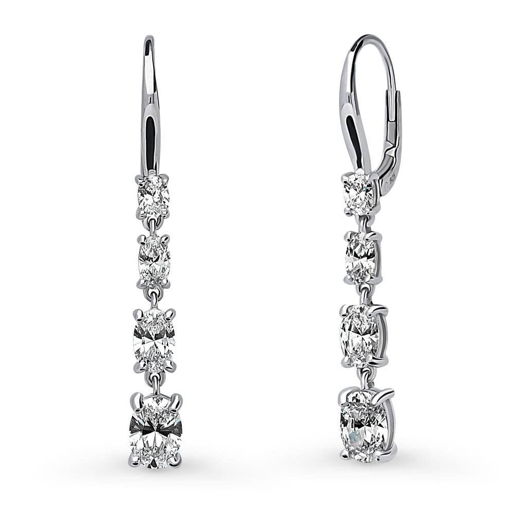 BERRICLE Sterling Silver Graduated Cubic Zirconia CZ Leverback Dangle Drop Earrings for Women, Rhodium Plated