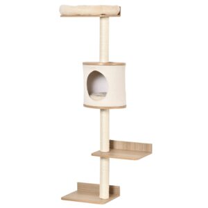 pawhut 4-level wall-mounted cat tree activity tower, wall cat shelves with sisal rope scratching posts, cat condo and bed, light brown