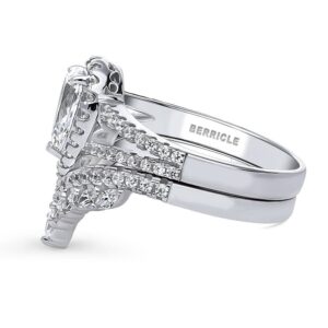 BERRICLE Sterling Silver Halo Wedding Engagement Rings Pear Cut Cubic Zirconia CZ Split Shank Ring Set for Women, Rhodium Plated Size 5