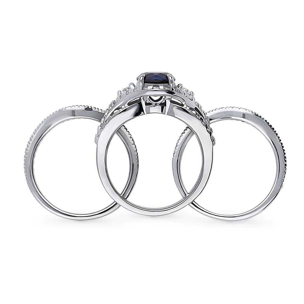 BERRICLE Sterling Silver 3-Stone Wedding Engagement Rings Simulated Blue Sapphire Round Cubic Zirconia CZ Halo Ring Set for Women, Rhodium Plated Size 8