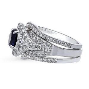 BERRICLE Sterling Silver 3-Stone Wedding Engagement Rings Simulated Blue Sapphire Round Cubic Zirconia CZ Halo Ring Set for Women, Rhodium Plated Size 8