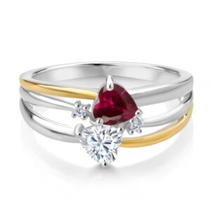 925 Silver and 10K Yellow Gold Created Ruby Moissanite from Charles & Colvard and Lab Grown Diamond Ring For Women (1.12 Cttw, Heart Shape 5MM, Gemstone Birthstone, Available In Size 5, 6, 7, 8, 9)