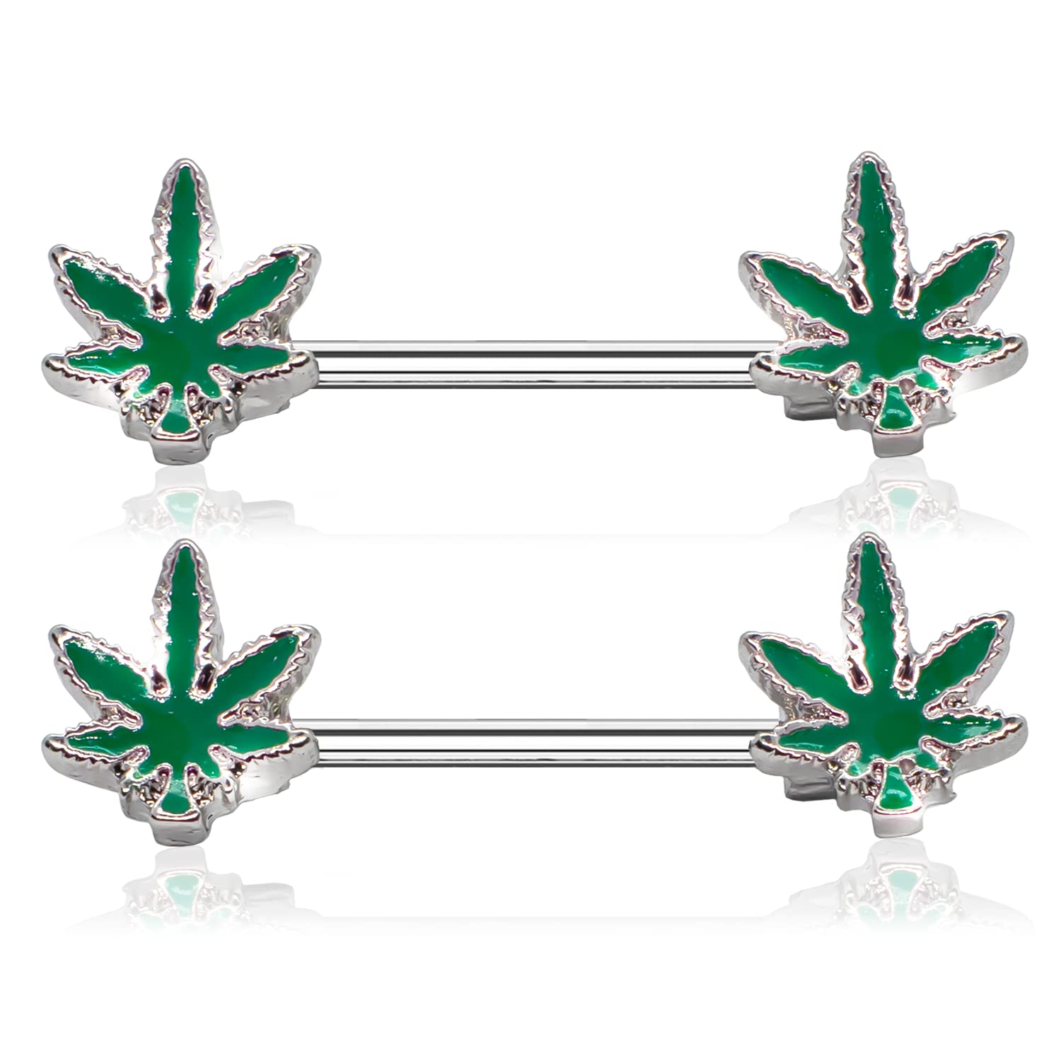 Pierce2GO 14G Nipple Piercing Surgical Stainless-Steel Set of 2 Barbell Glow in the Dark Marijuana Weed Cute Nipple Rings Nipple Piercing Jewelry for Women - 9/16" Barbell (Green)