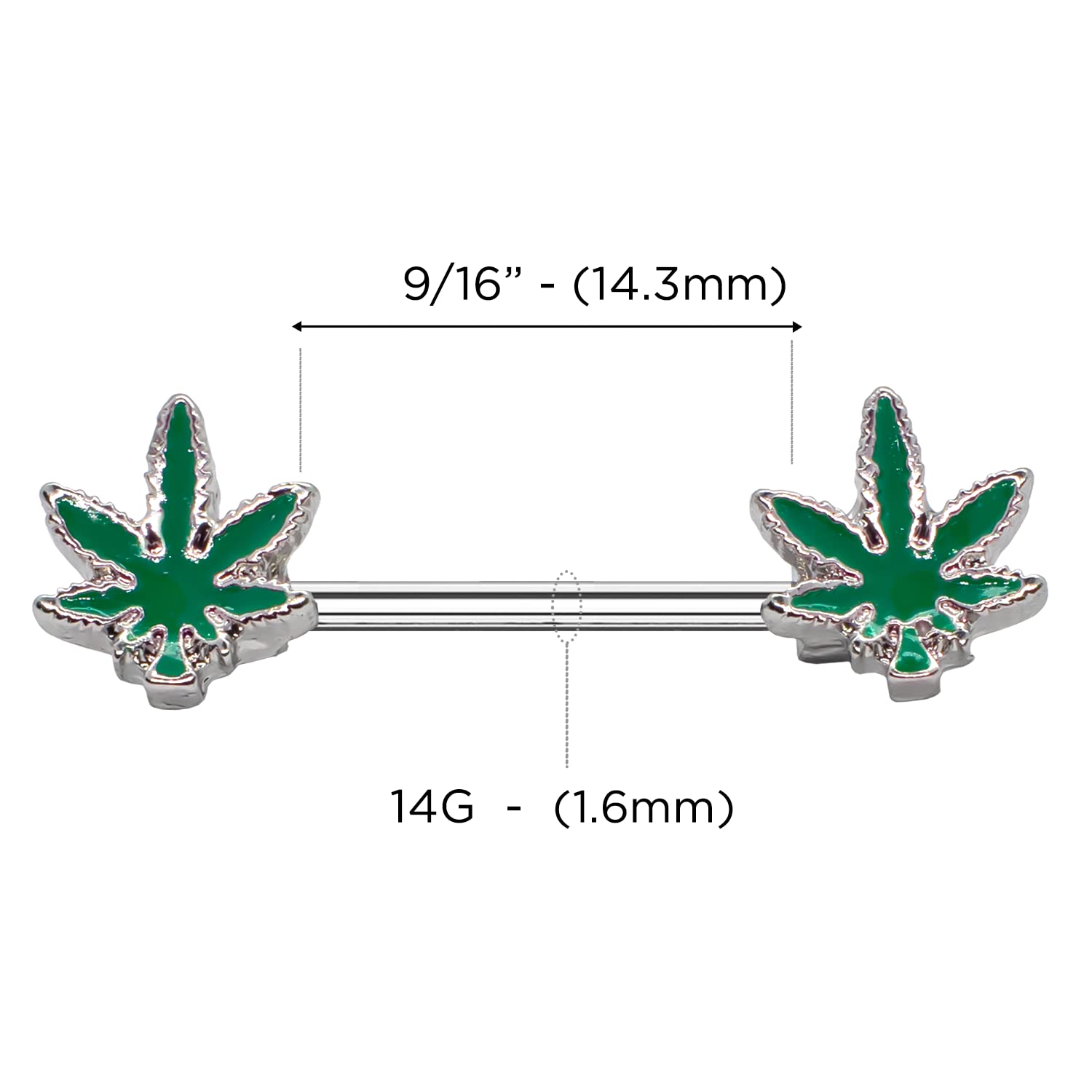 Pierce2GO 14G Nipple Piercing Surgical Stainless-Steel Set of 2 Barbell Glow in the Dark Marijuana Weed Cute Nipple Rings Nipple Piercing Jewelry for Women - 9/16" Barbell (Green)