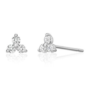 solid 14k gold mini lotus cubic zirconia studs, trefoil trinity triple cluster minimalist earrings (white gold)