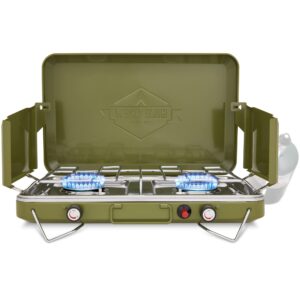 hike crew gas camping stove | 20,000 btu portable propane 2 burner stovetop | integrated igniter & stainless steel drip tray | built-in carrying handle, foldable legs, wind panels | includes regulator