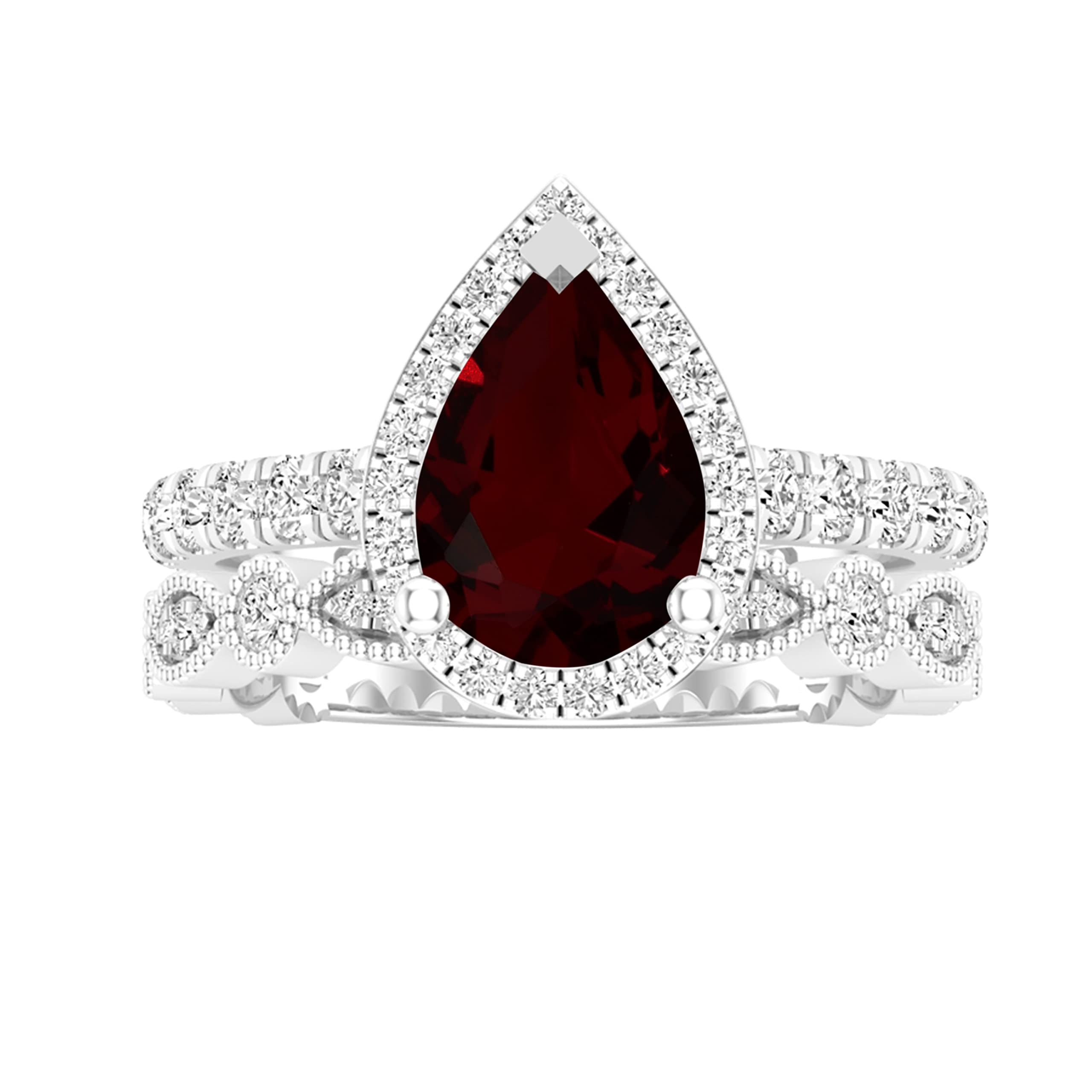 Dazzlingrock Collection 9X6 MM Pear Shaped Garnet and 0.78 Carat Round White Diamond Halo Alternating Marquise and Circle Wedding Ring Set for Women in 925 Sterling Silver, Size 6