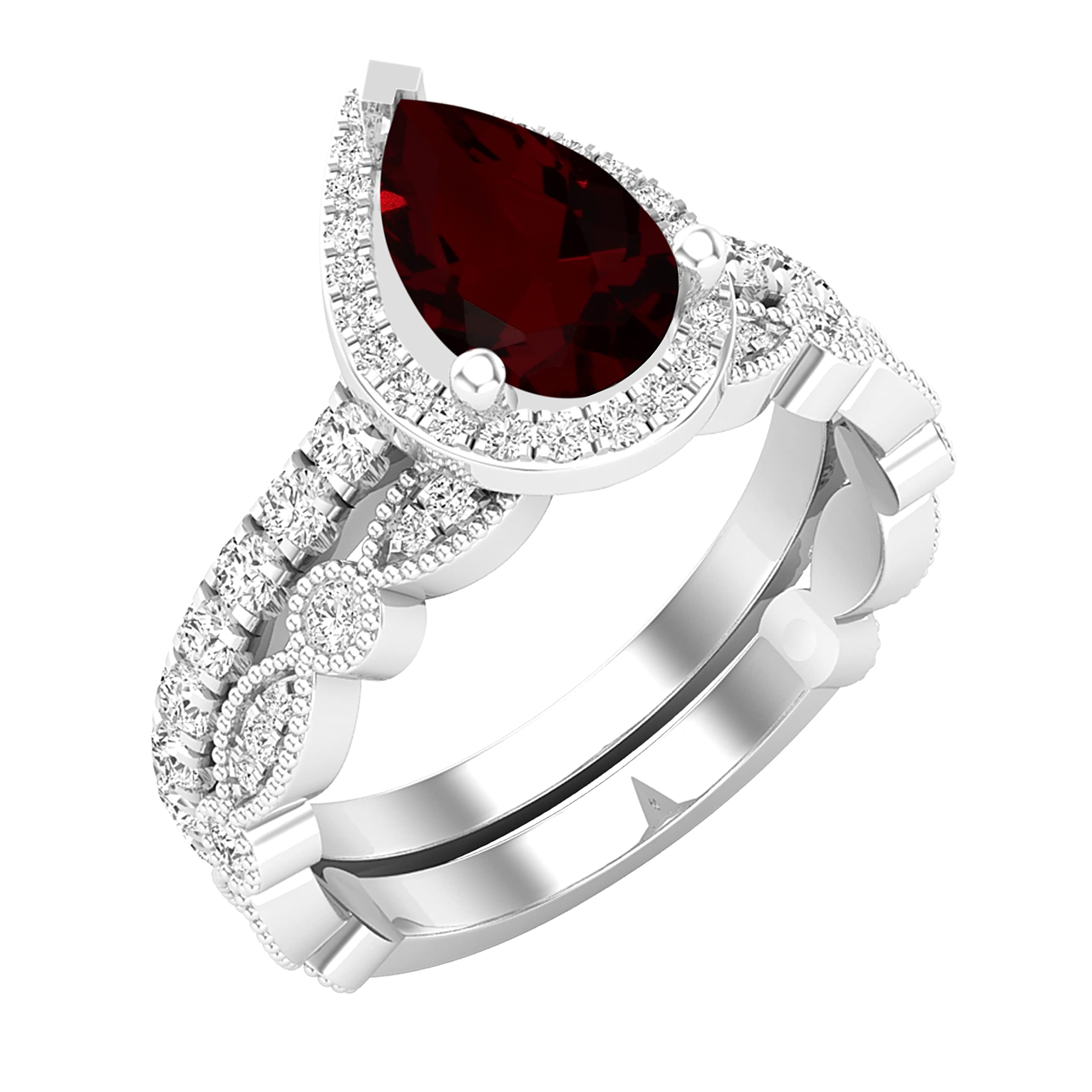 Dazzlingrock Collection 9X6 MM Pear Shaped Garnet and 0.78 Carat Round White Diamond Halo Alternating Marquise and Circle Wedding Ring Set for Women in 925 Sterling Silver, Size 6