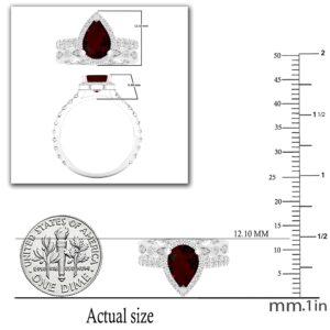 Dazzlingrock Collection 9X6 MM Pear Shaped Garnet and 0.78 Carat Round White Diamond Halo Alternating Marquise and Circle Wedding Ring Set for Women in 925 Sterling Silver, Size 6