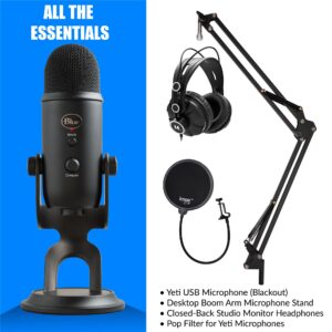 Blue Microphones Yeti Blackout USB Microphone Bundle with Desktop Boom Arm Microphone Stand, Closed-Back Studio Monitor Headphones and Pop Filter (4 Items)