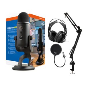 blue microphones yeti blackout usb microphone bundle with desktop boom arm microphone stand, closed-back studio monitor headphones and pop filter (4 items)