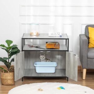 PawHut Wooden Cat Litter Box Enclosure, Hidden Kitten Washroom, Indoor End Table with Magnetic Doors & Storage Shelves, Grey