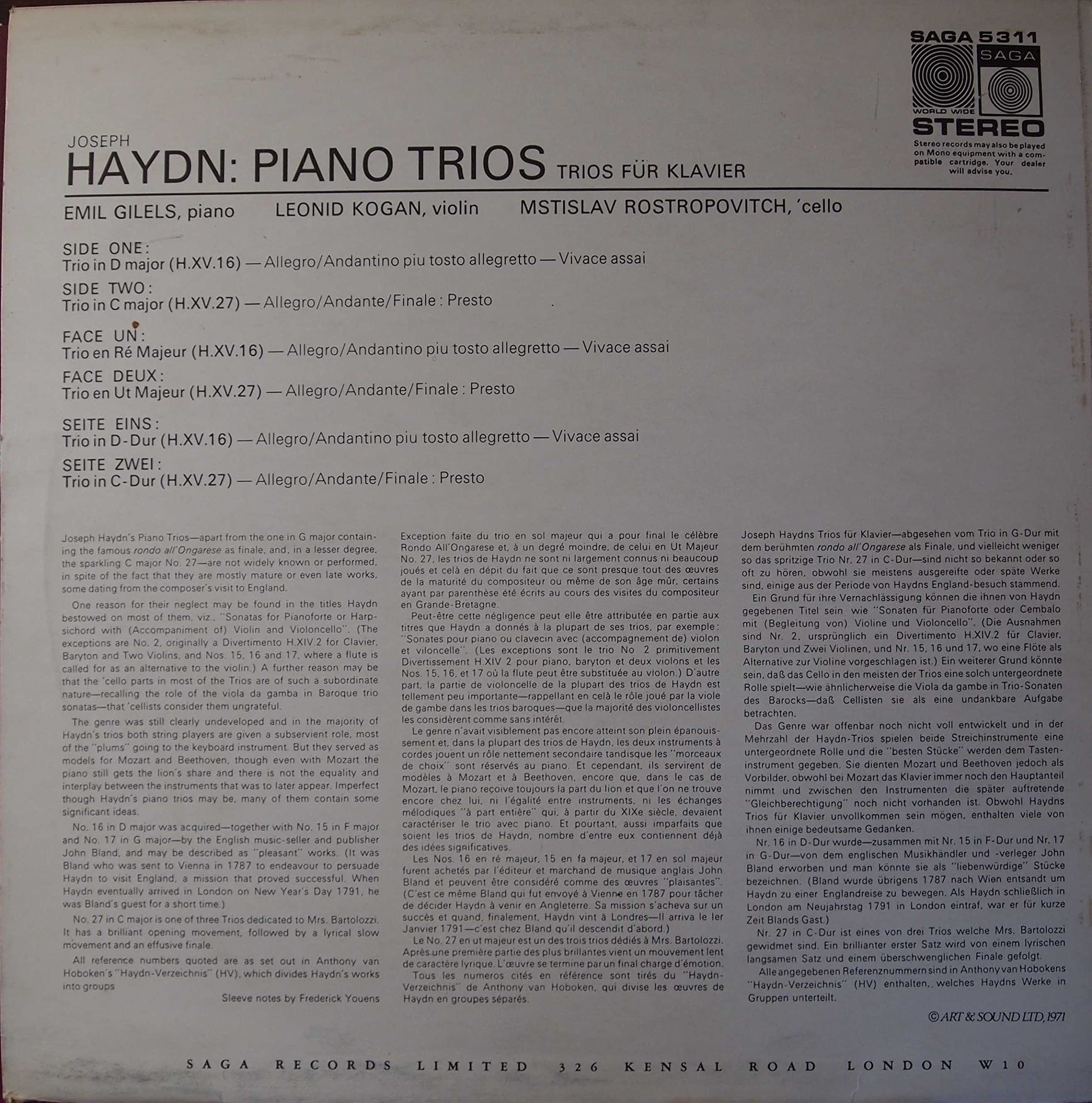 Joseph Haydn: Piano Trios - Emil Gilels, Leonid Kogan & Mstislav Rostropovich