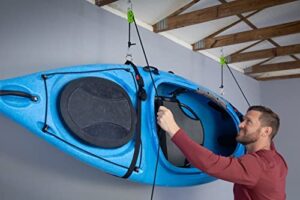 tie boss kayak hanger, cargo ceiling storage, overhead storage, watercraft garage storage, hoist system. green