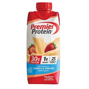 premier protein shakes, strawberries & cream, 11 fluid ounce (pack of 18)