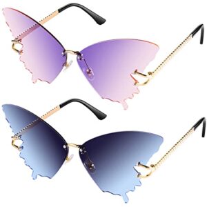 weewooday 2 pairs butterfly sunglasses butterfly rimless sunglasses butterfly glasses eyewear butterfly sunglasses for women men (purple and pink, gray and blue)