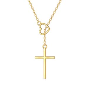 sisgem 14k real gold cross necklace for women,yellow/white gold small heart cross y-necklaces,anniversary birthday jewelry present for wife mom 16''+2''