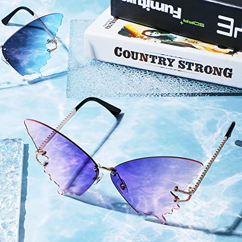 Weewooday 2 Pairs Butterfly Sunglasses Butterfly Rimless Sunglasses Butterfly Glasses Eyewear Butterfly Sunglasses for Women Men (Purple and Pink, Gray and Blue)