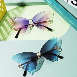 Weewooday 2 Pairs Butterfly Sunglasses Butterfly Rimless Sunglasses Butterfly Glasses Eyewear Butterfly Sunglasses for Women Men (Purple and Pink, Gray and Blue)