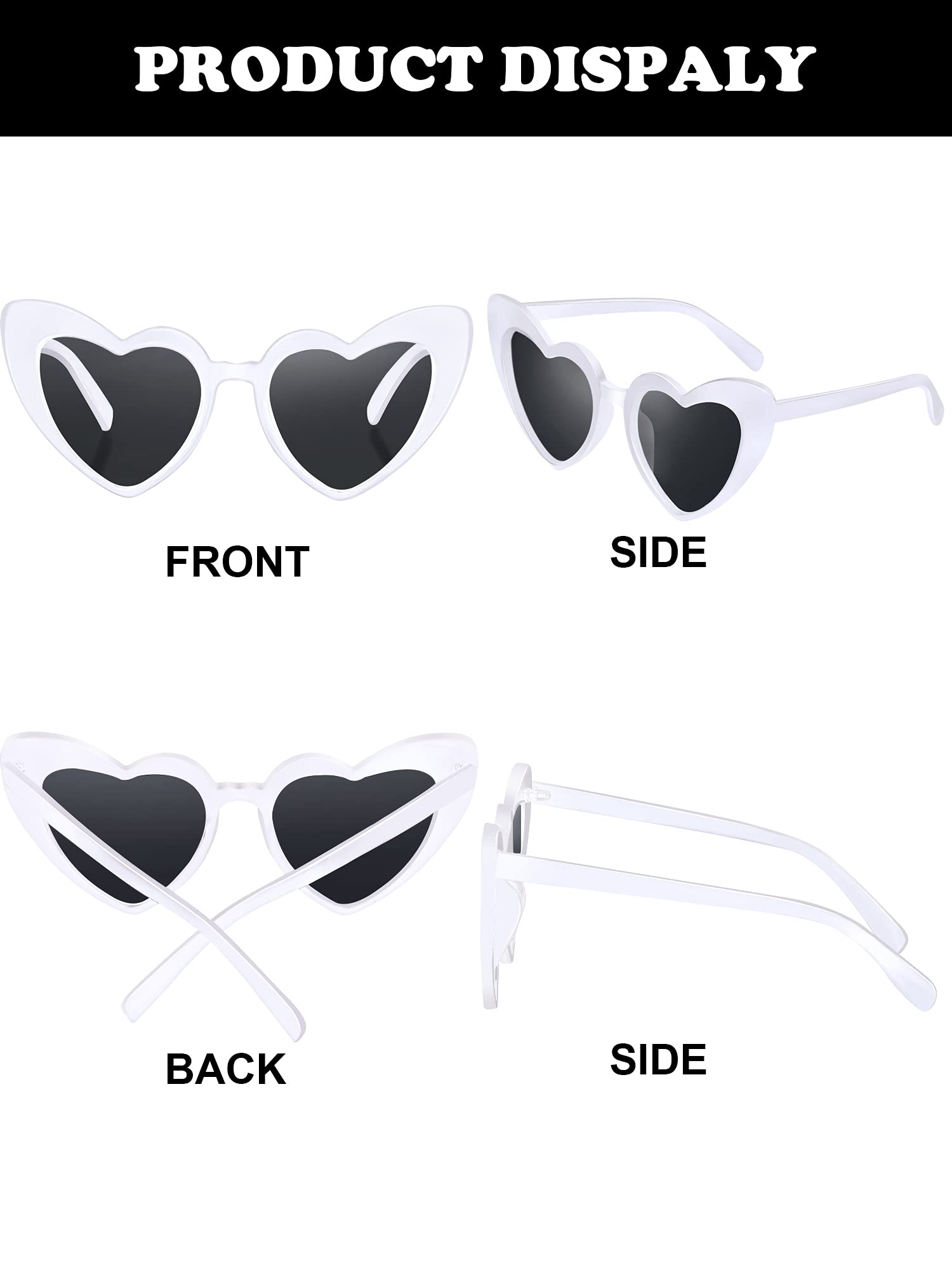 Frienda 6 Pairs Heart Shaped Sunglasses Cat Eye Sunglasses Vintage Heart Glasses for Wedding Costume Party (White-Grey)