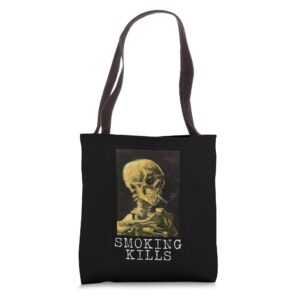 skull of a skeleton with burning cigarette. van gogh smoking tote bag