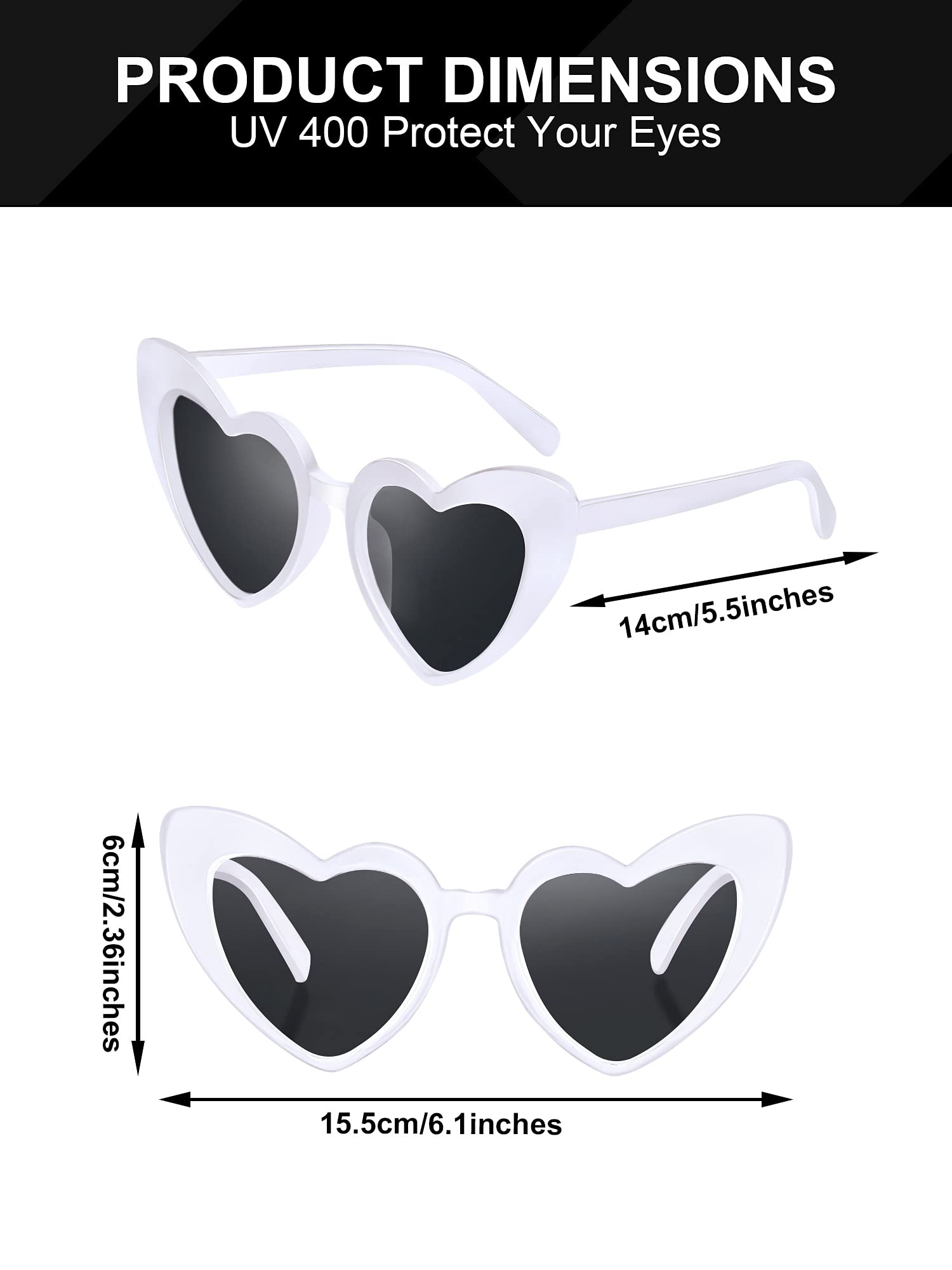 Frienda 6 Pairs Heart Shaped Sunglasses Cat Eye Sunglasses Vintage Heart Glasses for Wedding Costume Party (White-Grey)