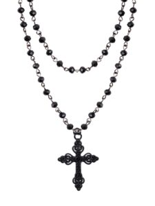 sacina gothic layered cross necklace, zinc alloy black bead cross choker necklace, halloween goth jewelry gift for women (layered bead cross)