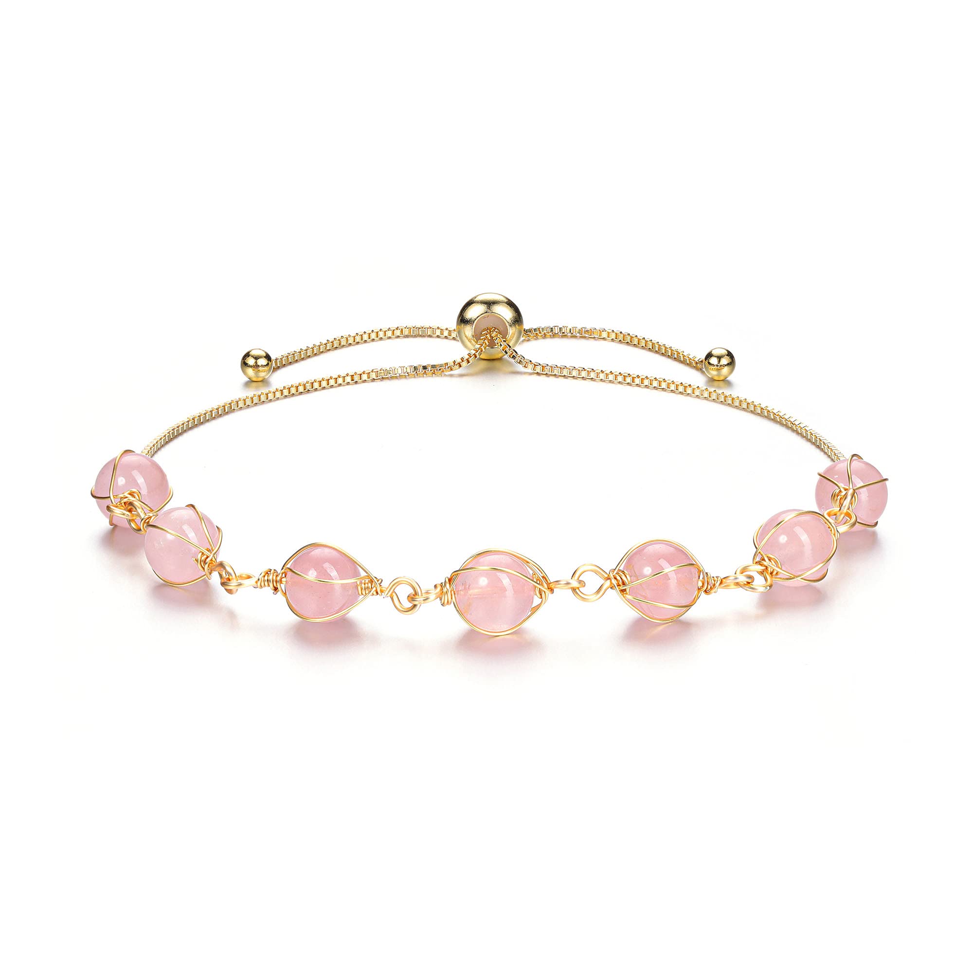 MANIFO Natural Rose Quartz Crystals Bracelet 14K Gold Reiki Healing Crystal Gemstone Adjustable Link Bracelets for Yoga Meditation