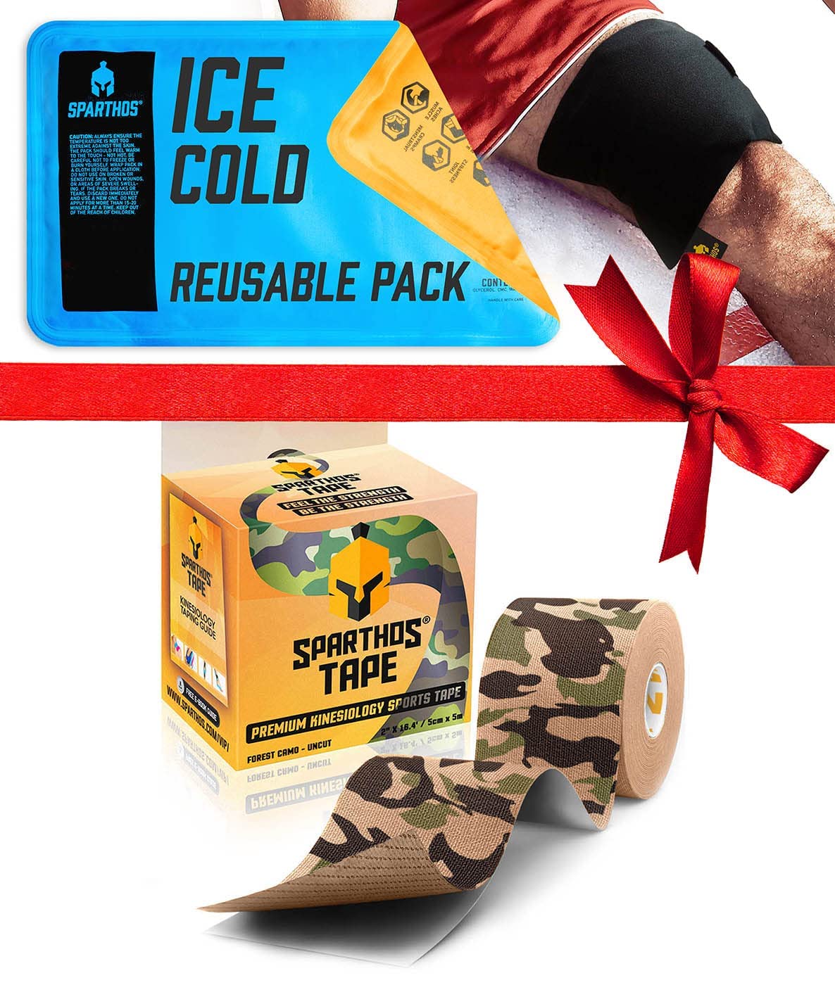 Sparthos Kinesiology Tape [Forest Camo - 16.4ft Uncut Roll] x Ice Packs for Injuries [Size Medium + Cover]