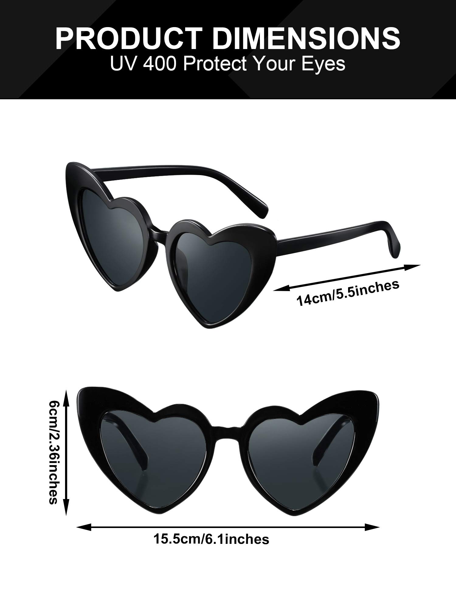 Frienda 6 Pairs Heart Shaped Sunglasses Cat Eye Sunglasses Vintage Heart Glasses for Wedding Costume Party (Black-Grey)