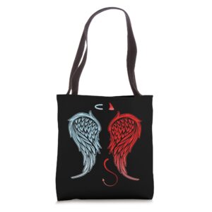 half angel devil wings on back halo horns tail halloween tote bag