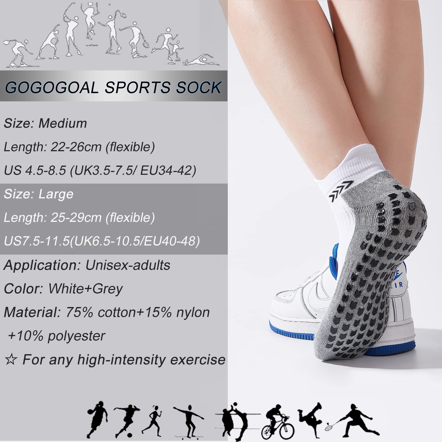 GOGOGOAL Non-slip Ankle Sock Men Women Low-cut Non-slip Compression Slipper Sock Grip Athletic Trainning Sock for Yoga Soccer Basketball greyWhite M 4P