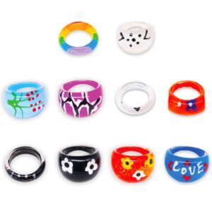 fablinks 10 assorted acrylic rings for women, chunky resin ring for adults, acrylic y2k stackable cute trendy square rings party favors