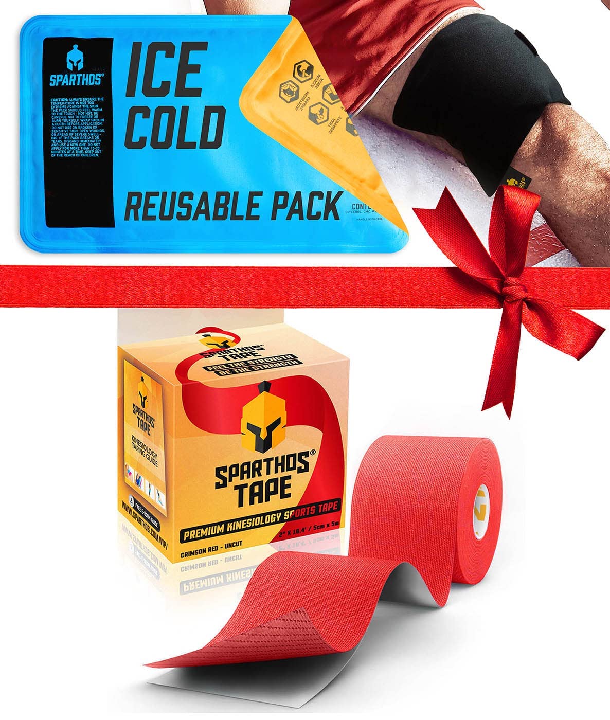 Sparthos Kinesiology Tape [Crimson Red - 16.4ft Uncut Roll] x Ice Packs for Injuries [Size Medium + Cover]