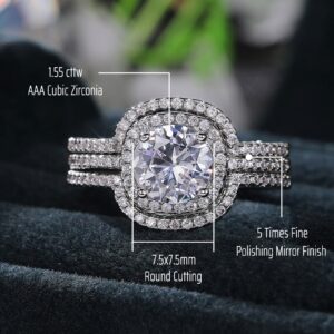 Ahloe Jewelry CEJUG 2Ct Bridal Ring Sets for Women Engagement Rings Wedding Bands 14k White Gold Halo Round Cz Three-in-one Size 8