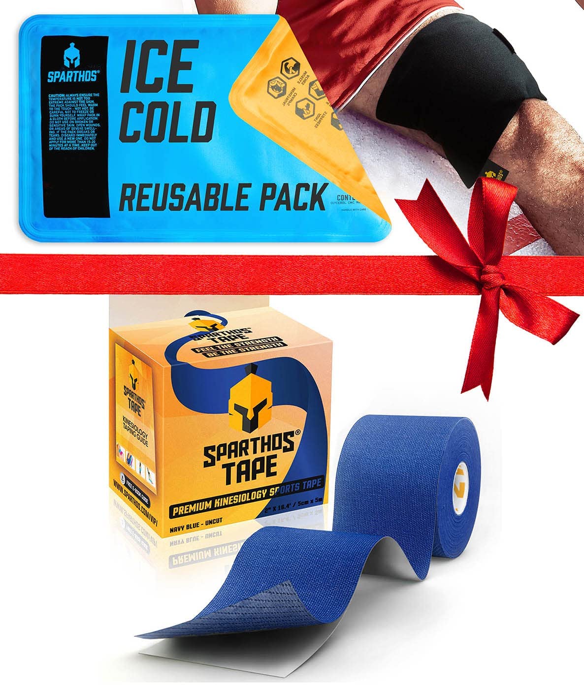 Sparthos Kinesiology Tape [Navy Blue - 16.4ft Uncut Roll] x Ice Packs for Injuries [Size Medium + Cover]