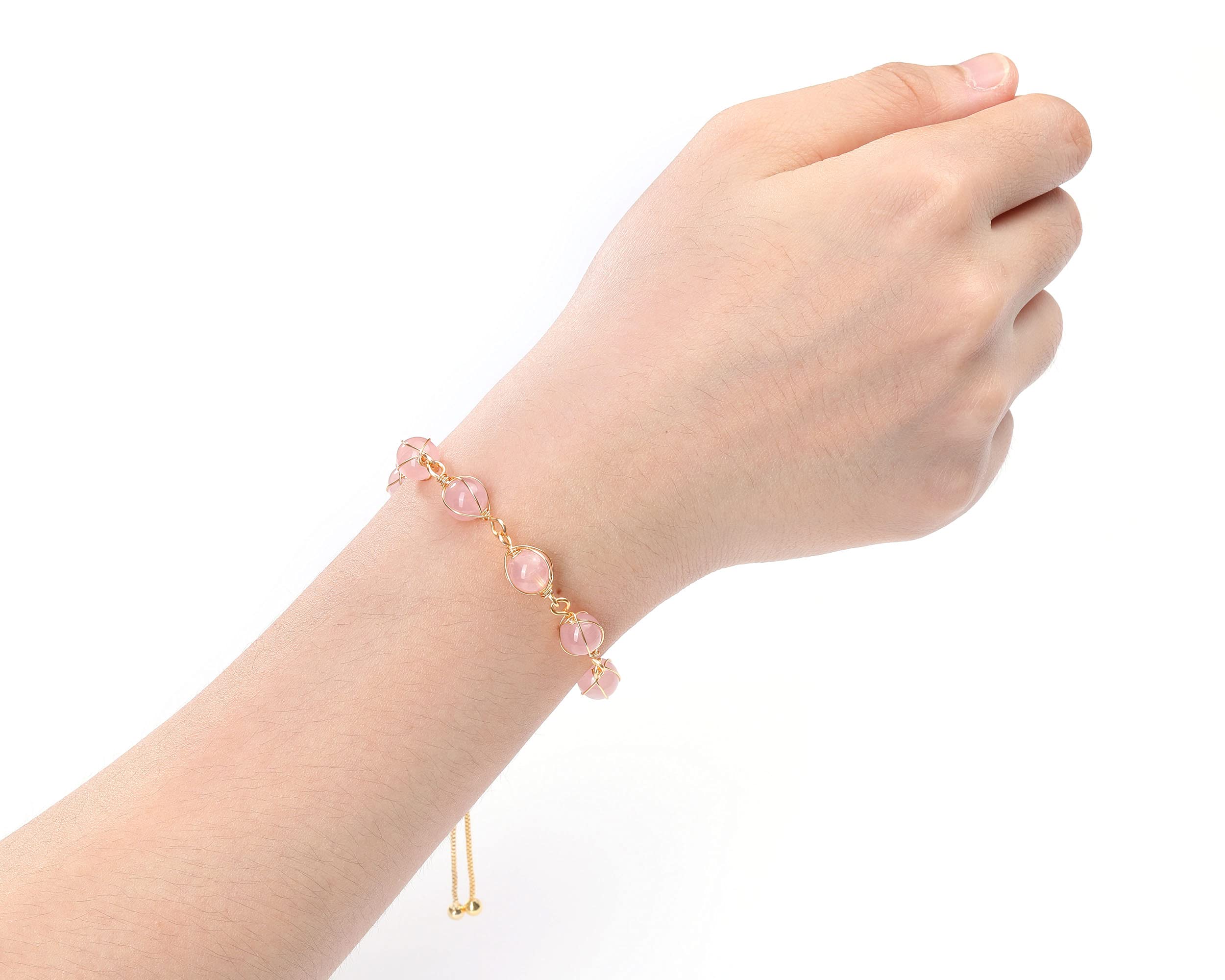 MANIFO Natural Rose Quartz Crystals Bracelet 14K Gold Reiki Healing Crystal Gemstone Adjustable Link Bracelets for Yoga Meditation