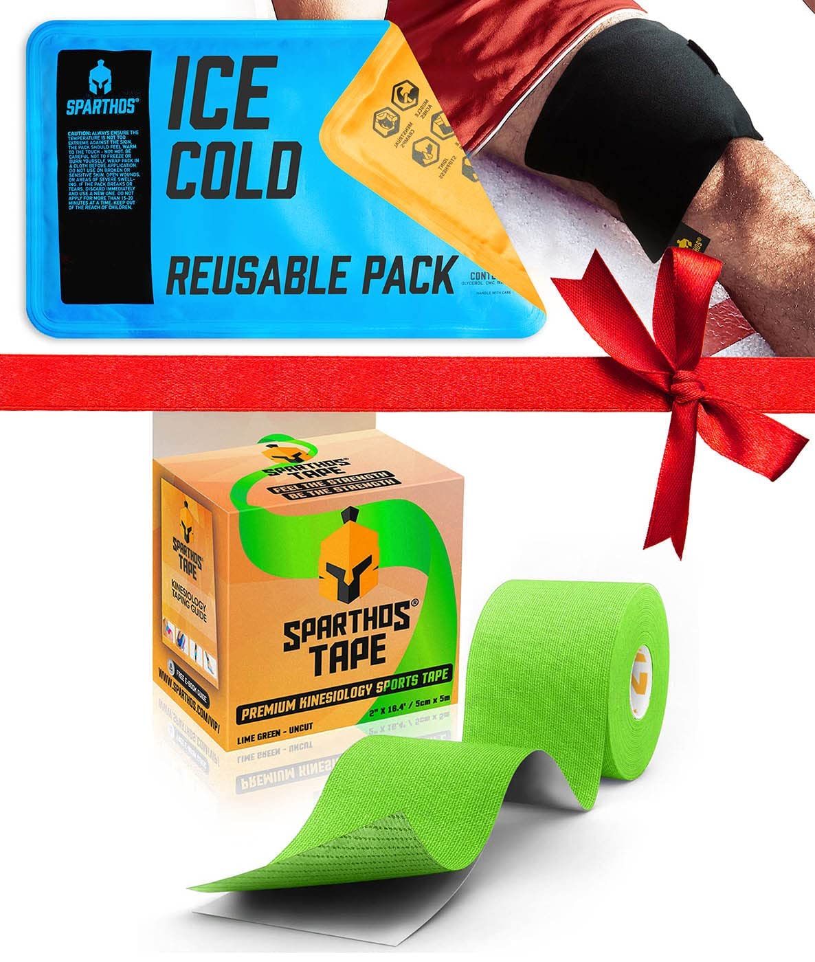 Sparthos Kinesiology Tape [Lime Green - 16.4ft Uncut Roll] x Ice Packs for Injuries [Size Medium + Cover]