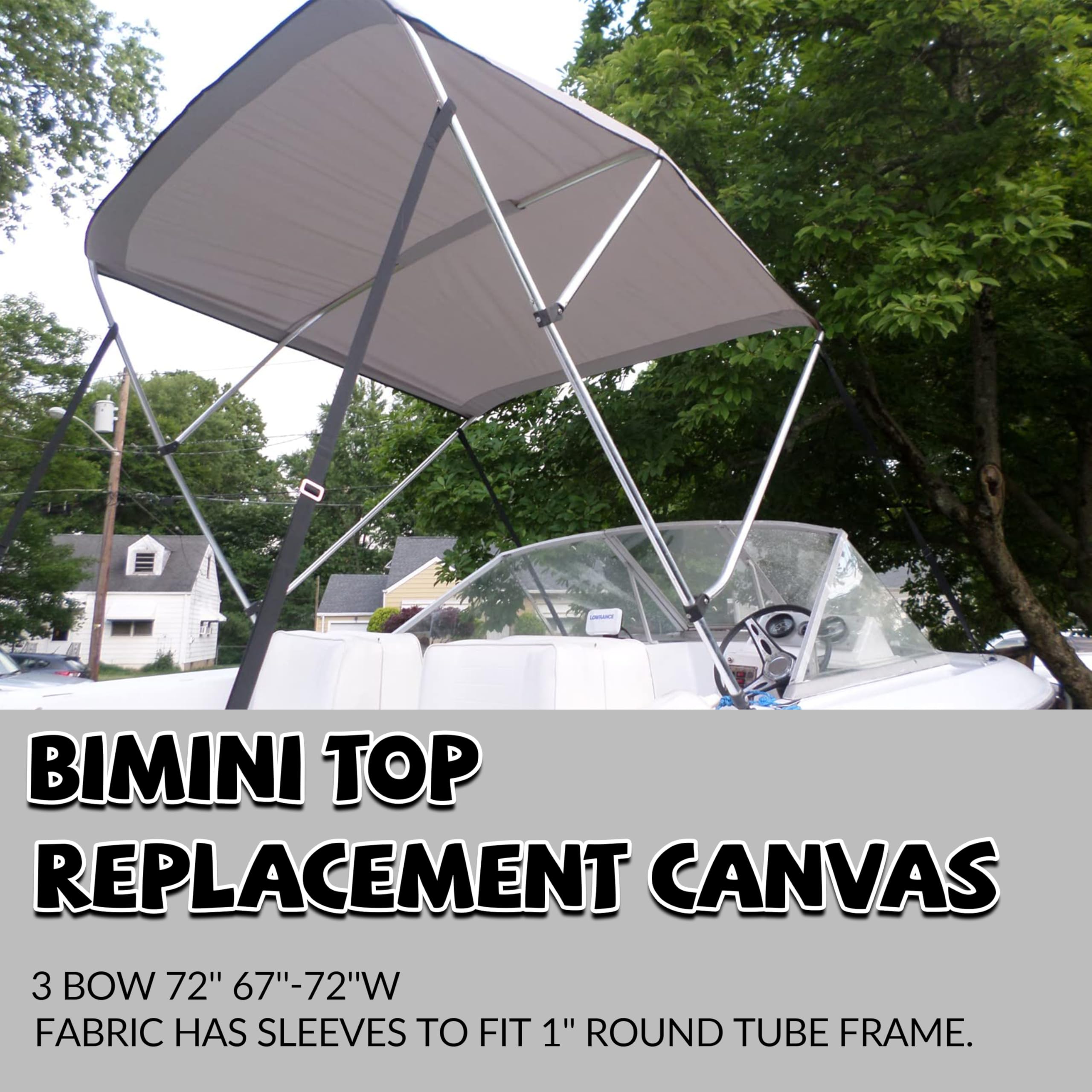 ECOTRIC 3 Bow Boat Canopy Cover Bimini Top Boat Sun Shade Canvas Oxford Fabric 72" L 67"-72" W Grey with Boot Without Frame